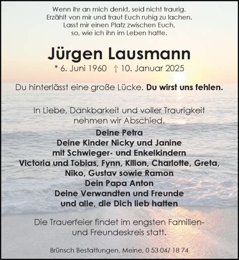 Traueranzeigen Von Jürgen Lausmann Trauer Anzeigen De