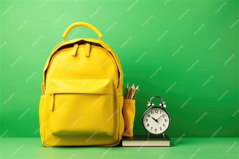 Premium Ai Image Yellow Backpack And Alarm Clock On Green Background Back To School Concept