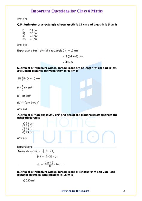 Important Questions For Cbse Class 8 Maths Chapter 11 Mensuration