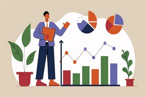 Человек показывающий диаграмму роста с красочными диаграммами пирога на заднем плане Премиум