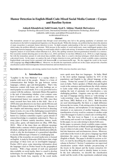 Humor Detection In English Hindi Code Mixed Social Media Content Corpus And Baseline System