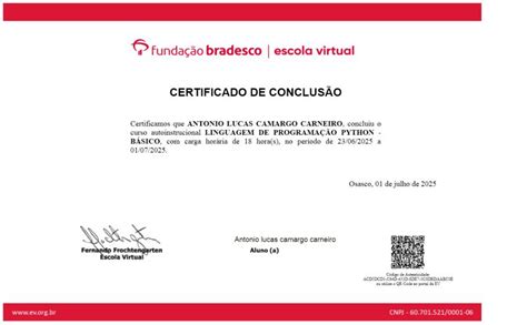 Concluí O Curso Linguagem De Programação Python Básico Antonio Lucas