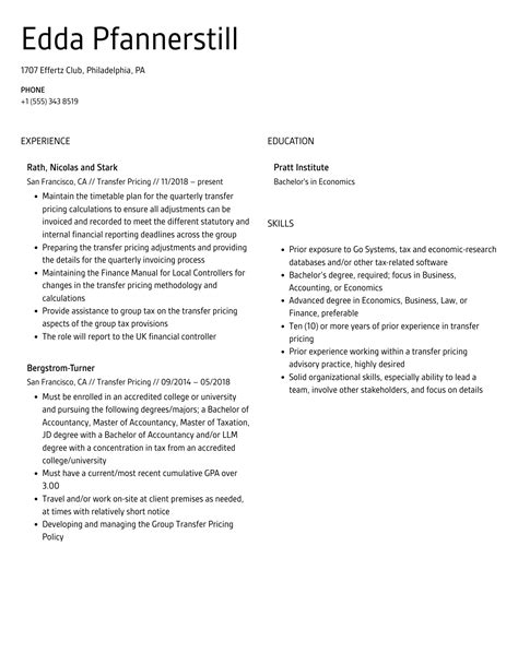 Transfer Pricing Resume Samples Velvet Jobs