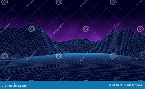 Futuristic Wireframe Landscape Background Digital Retro Landscape 1980s Style Vector
