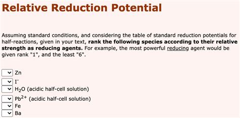 Solved Relative Reduction Potential Assuming Standard Conditions And
