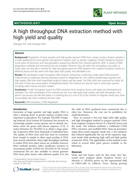 Pdf A High Throughput Dna Extraction Method With High Yield And Quality