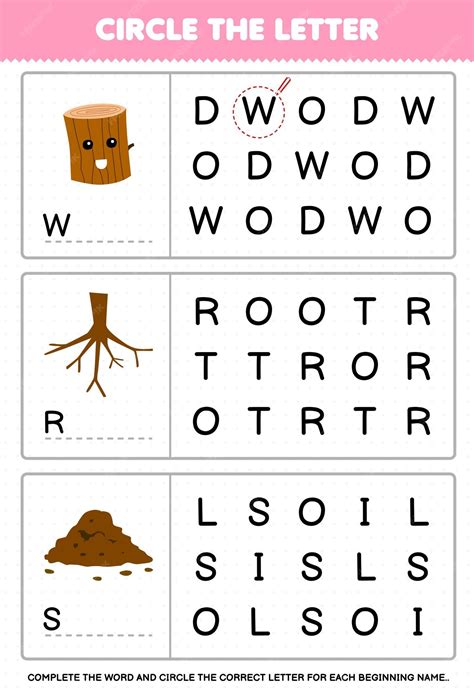 어린이를 위한 교육 게임은 귀여운 만화 나무 뿌리 토양 인쇄 가능한 자연 워크시트의 시작 문자를 원으로 표시합니다 프리미엄 벡터