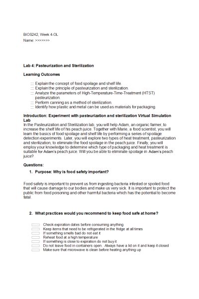 BIOS Week OL Lab Pasteurization And Sterilization Learning Course Notes For Students