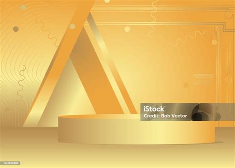 골드 제품 디스플레이 벡터 3d 황금 방 실린더 받침대 연단 프레젠테이션을 위한 무대 쇼케이스 미래 공상 과학 최소한의 기하학적 형태 빈 장면 3차원 형태에 대한 스톡 벡터