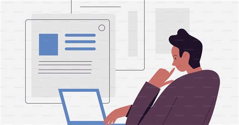 남자는 컴퓨터에서 온라인으로 생각하고 일한다 웹 탭 분석 및 열기 만화 벡터 일러스트레이션 벡터 Unsplash의 컴퓨터 모니터 이미지