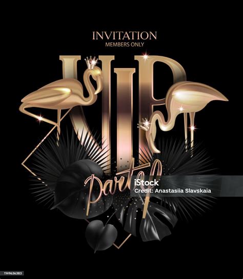 골든 플라밍고와 열 대 잎 Vip 파티 배너입니다 벡터 일러스트 홍학에 대한 스톡 벡터 아트 및 기타 이미지 홍학 화려함