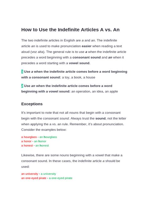 How To Use The Indefinite Articles A Vs Pdf