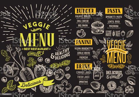 카페에 대 한 채식 메뉴입니다 레스토랑에 대 한 벡터 음식 플라이어입니다 음식 손으로 그린 그래픽 일러스트와 함께 서식 파일을 디자인 합니다 채소에 대한 스톡 벡터 아트 및