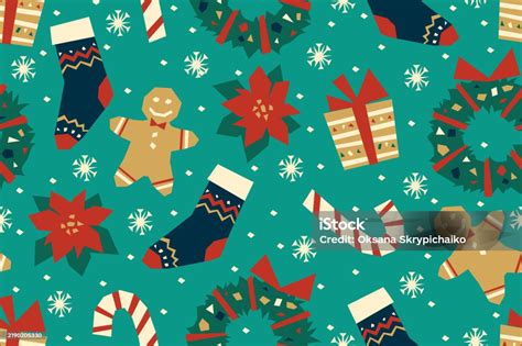 크리스마스 완벽 한 패턴입니다 진저 브레드 남자 선물 포인세 티아 스타킹 사탕 지팡이 및 화 환과 겨울 패턴 에메랄드 배경에 축제 인쇄 벡터 일러스트 레이 션 0명에 대한