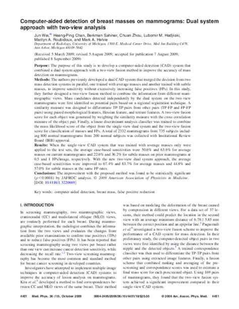 Pdf Computer‐aided Detection Of Breast Masses On Mammograms Dual