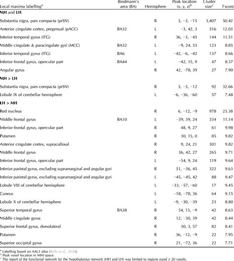 Peak Coordinates Of Hypothalamus Intrinsic Functional Connectivity