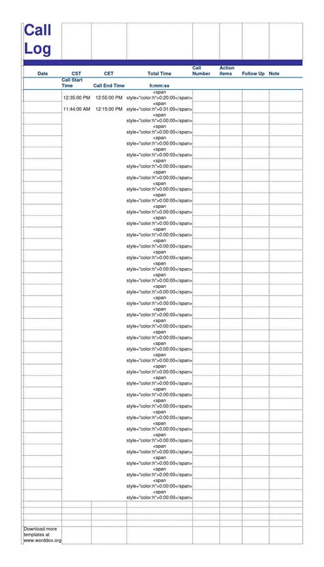Free Printable Call Log Templates Word Excel PDF