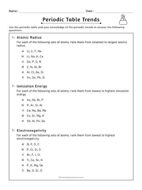 Periodic Trends Worksheet With Answers Chemistry Pdf