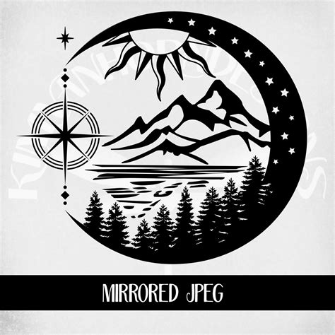Compass Moon Mountain Scene With Trees And Sun Graphic Design Etsy