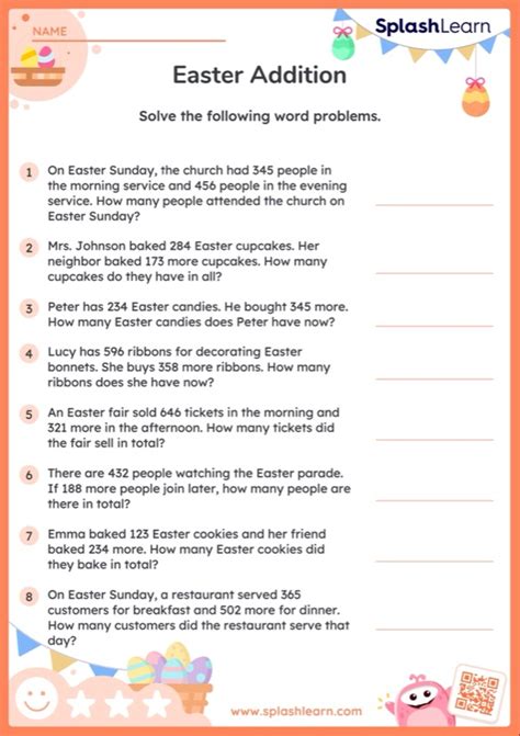 Add Within 1000 Easter Word Problems — Printable Math Worksheet
