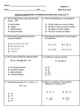 Algebra First Semester Test Midterm And Study Guide By All Things Algebra