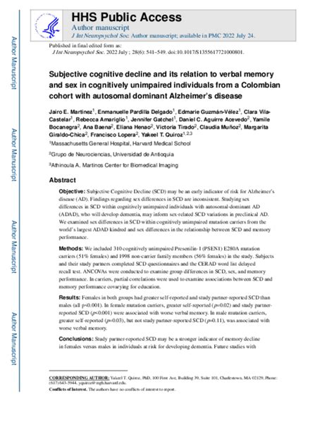 Pdf Subjective Cognitive Decline And Its Relation To Verbal Memory And Sex In Cognitively