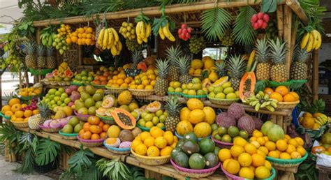 Colorful Tropical Fruit Display At Outdoor Market Stock Illustration