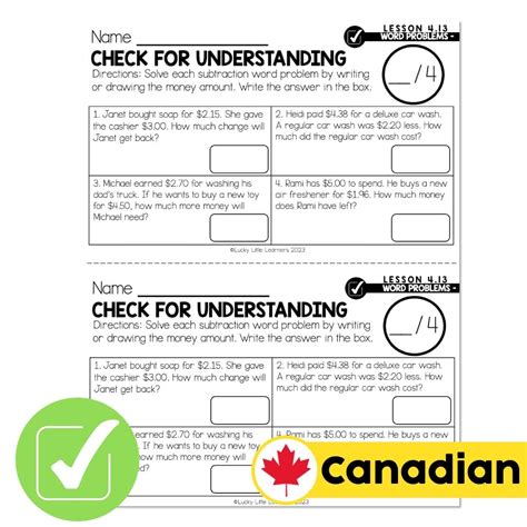Lucky To Learn Math Canadian Money One Step Subtraction Money Word
