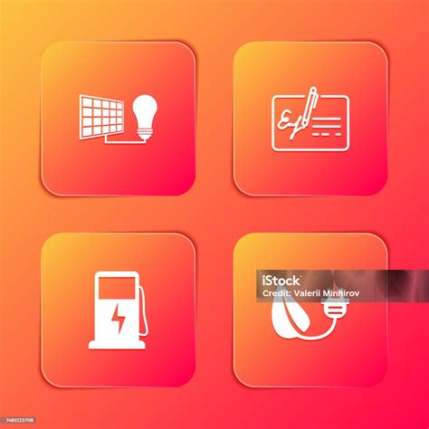 태양 에너지 패널과 전구 서명된 문서 전기 자동차 충전소 및 저장 플러그 잎 아이콘을 설정합니다 벡터 계약서에 대한 스톡 벡터