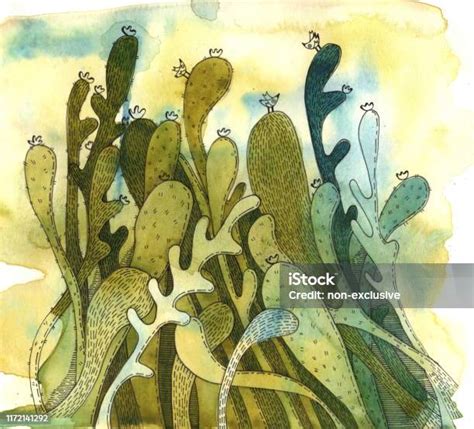 녹색 파란색 긴 잎 선인장 꽃 튀김 수채화 라이너 그리기 인사말 카드 포스터 배경 화면 엽서에 대한 손 그림 템플릿 파란색