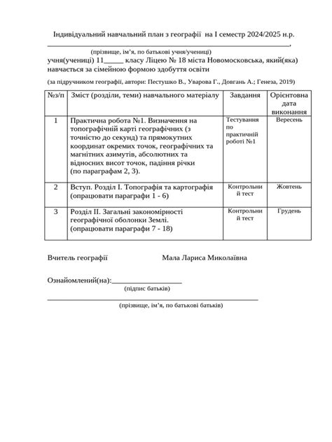 Індивідуальний план з географії 11 клас 1 семестр Pdf