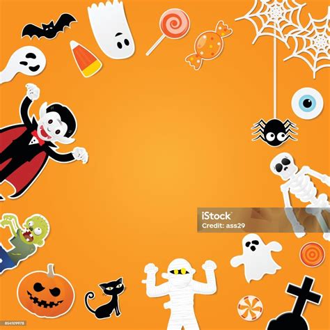 호박 드라큘라 해골 미 라 좀비 검은 고양이 박쥐 유령 및 오렌지 복사 공간 배경 벡터 일러스트 레이 션에 요소와 만화 스타일에서 해피 할로윈 캐릭터 10월에 대한 스톡