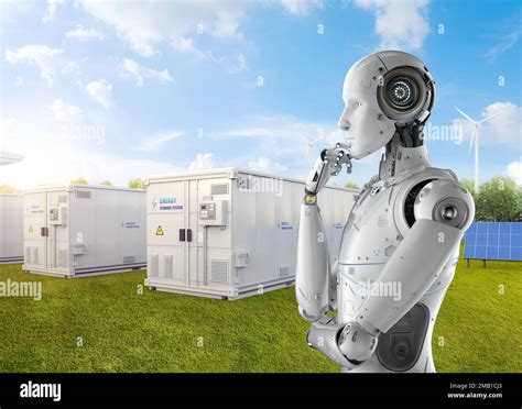 Smart Energy Concept 3d Rendering Robot Work With Energy Storage System And Solar Panel Stock