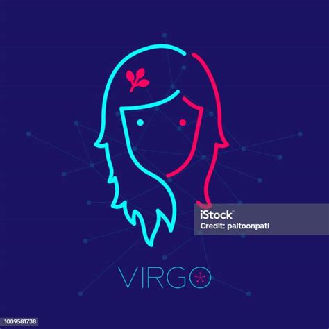 처녀자리 조디악 별자리 로고 아이콘 개요 스트로크 설정 처녀자리 텍스트와 복사 공간와 어두운 파란색 배경에 격리는 대시 선 디자인 일러스트 레이 션 개념에 대한 스톡 벡터