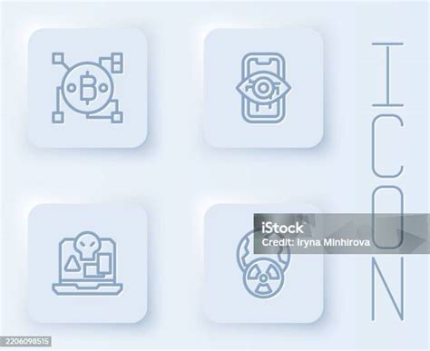 세트 라인 블록 체인 기술 비트 코인 컴퓨터 비전 인터넷 불법 복제 및 행성 지구와 방사선 흰색 사각형 버튼 벡터 개념에 대한 스톡 벡터 아트 및 기타 이미지 Istock