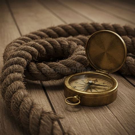 An Antique Brass Compass With A Hinged Lid Rests On Wooden Planks