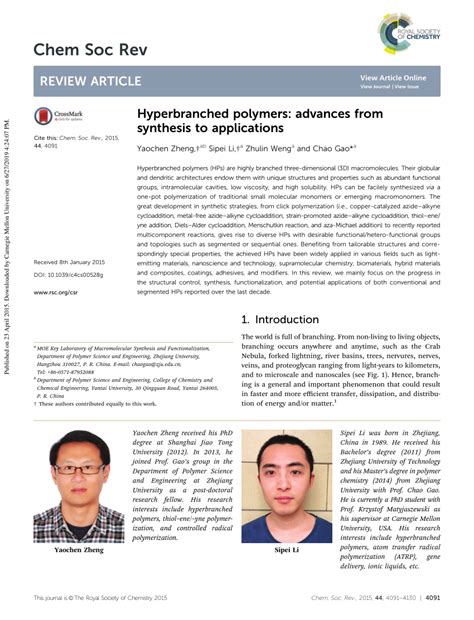 Pdf Hyperbranched Polymers Advances From Synthesis To Applications