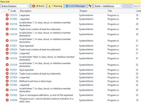 C Visual Studio Giving Compiler Error If I Add Any Code To My Main Method Stack Overflow
