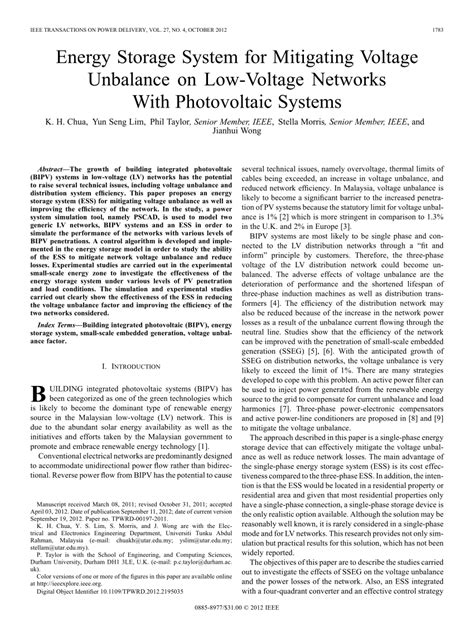 PDF Energy Storage System For Voltage Unbalance Mitigation In Low Voltage Distribution