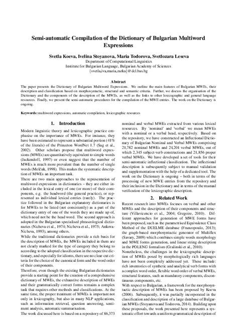Pdf Semi Automatic Compilation Of The Dictionary Of Bulgarian Multiword Expressions