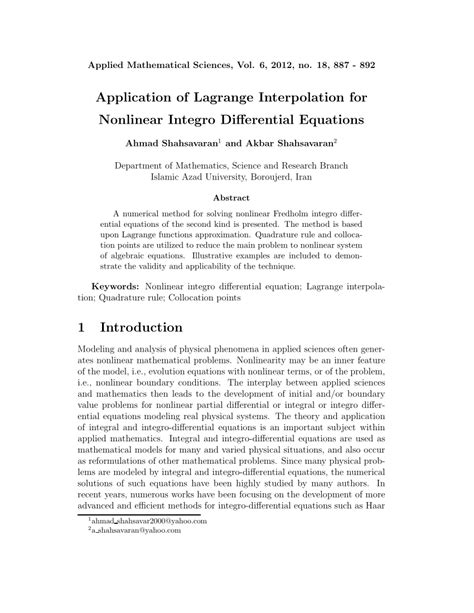 Pdf Application Of Lagrange Interpolation For Nonlinear Integro Differential Equations