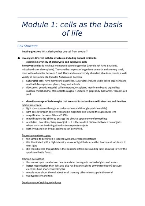 Biology Study Notes Module Cells As The Basis Of Life Cell Structure Inquiry Question What