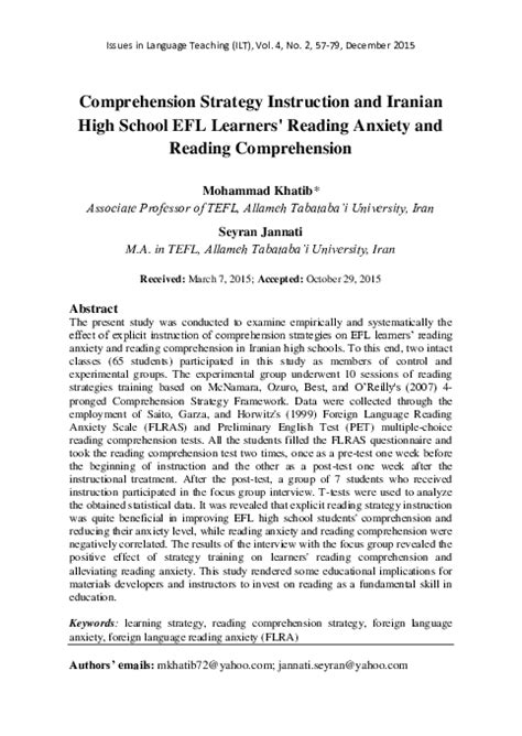 Pdf Comprehension Strategy Instruction And Iranian High School Efl Learners Reading Anxiety