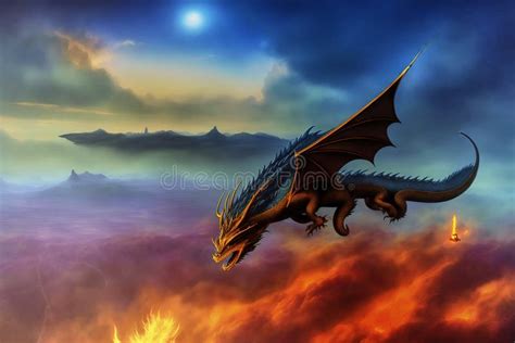Fantasy Illustration Of Dragon Flying Over Red Smoke Under Dark Blue