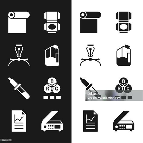 프린터 잉크병 만년필 펜촉 종이 롤 판지 판지 상자 피펫 Rgb 색상 혼합 스캐너 및 문서를 그래프 차트 아이콘으로 설정합니다