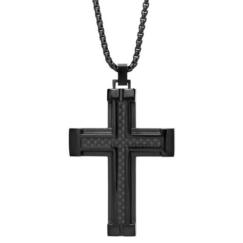 Overstock Stainless Steel Carbon Fiber Cross Pendant Black Ip 24 Inch