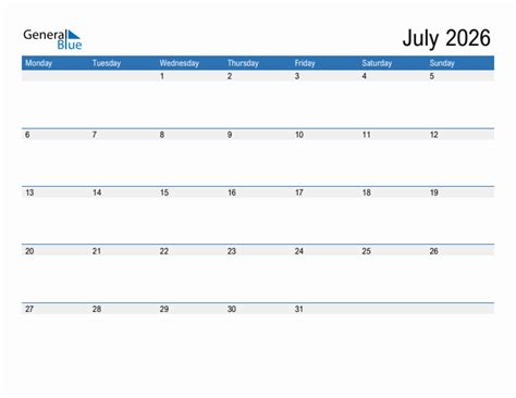 Editable Calendar Template For July 2026 Monday Start