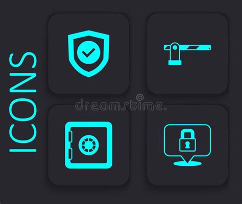 Set Lock Shield With Check Mark Parking Car Barrier And Safe Icon Black Square Button Vector