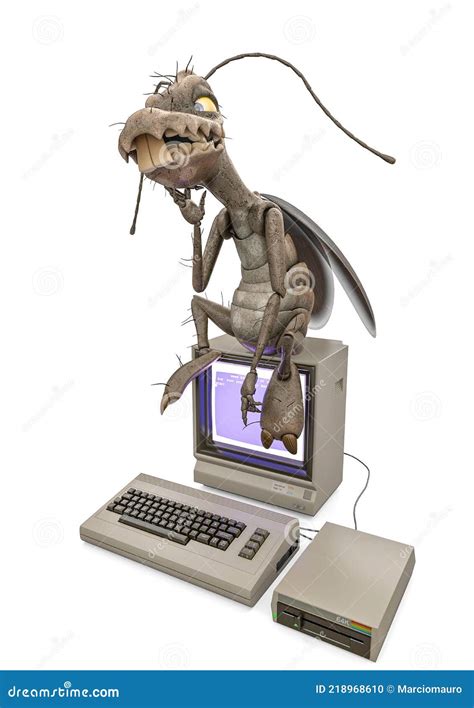 Cockroach Cartoon Is Thinking About On The Vintage Personal Computer
