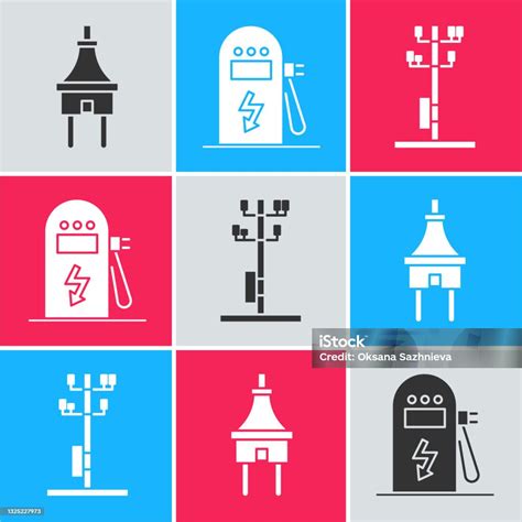 전기 플러그 전기 자동차 충전소 및 고전압 전신주 라인 아이콘을 설정합니다 벡터 건축물에 대한 스톡 벡터 아트 및 기타 이미지 건축물 고압 전류 주의 공학 Istock